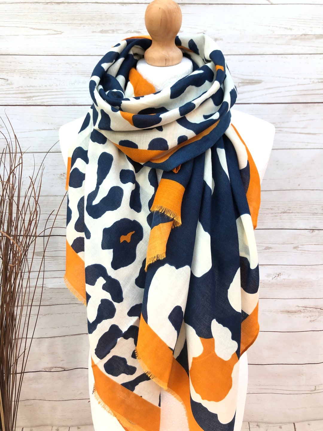 Ladies Bold Leopard Animal Print NAVY BLUE ORANGE Fashion Scarf - Etsy UK