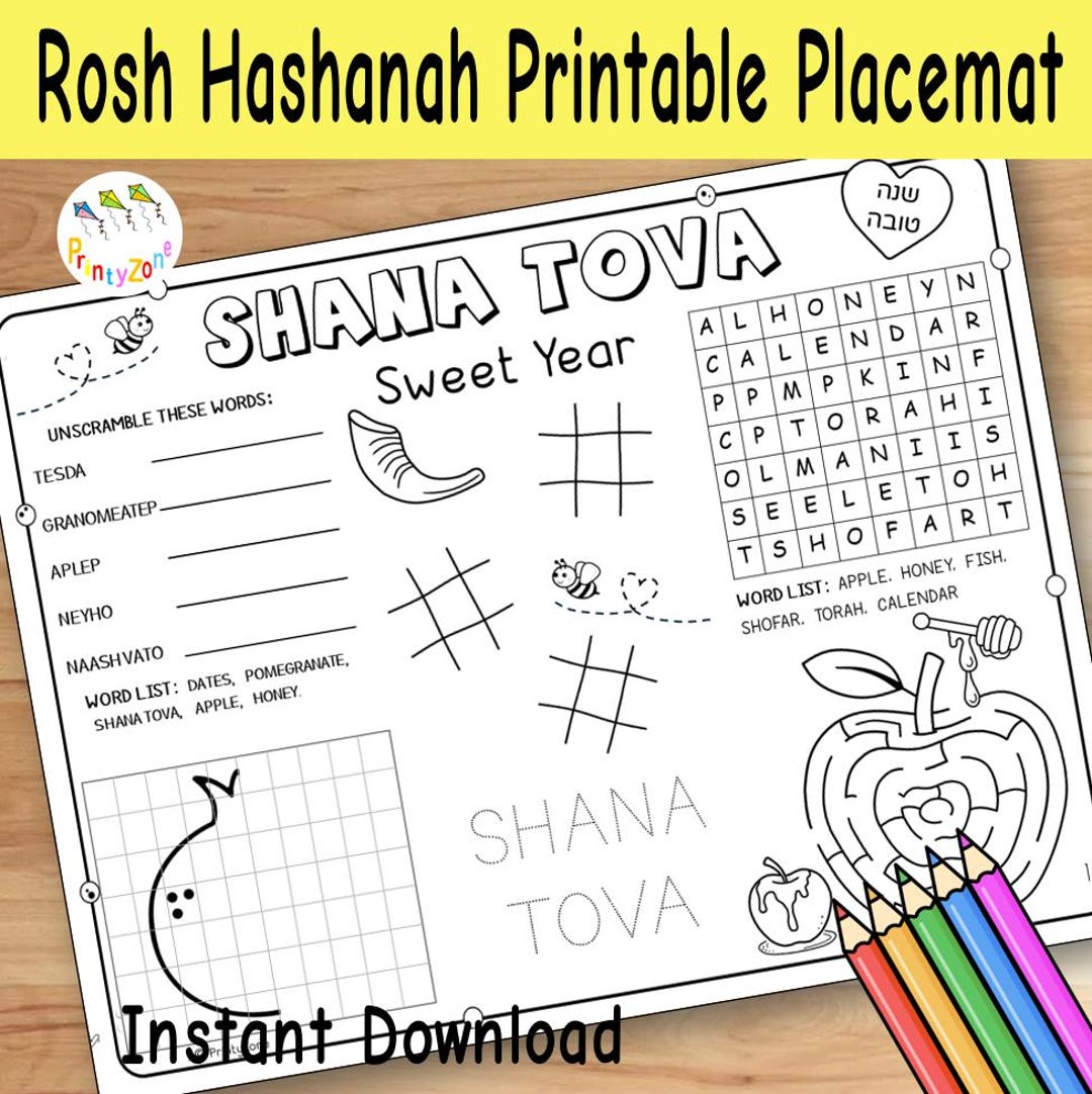 Rosh Hashanah Coloring Activity Placemat, Jewish Holiday Kids Activity ...