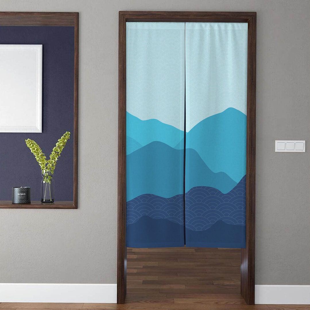 Bohemia Noren Door Curtains, Blue Abstract Line Mountain Modern ...