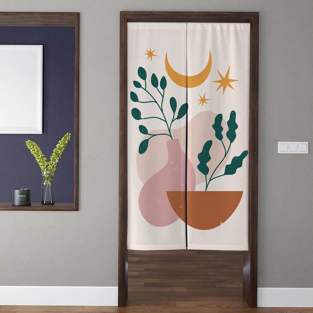 Bohemia Art Noren Door Curtain Stars Moon Potted Plant Pattern White ...