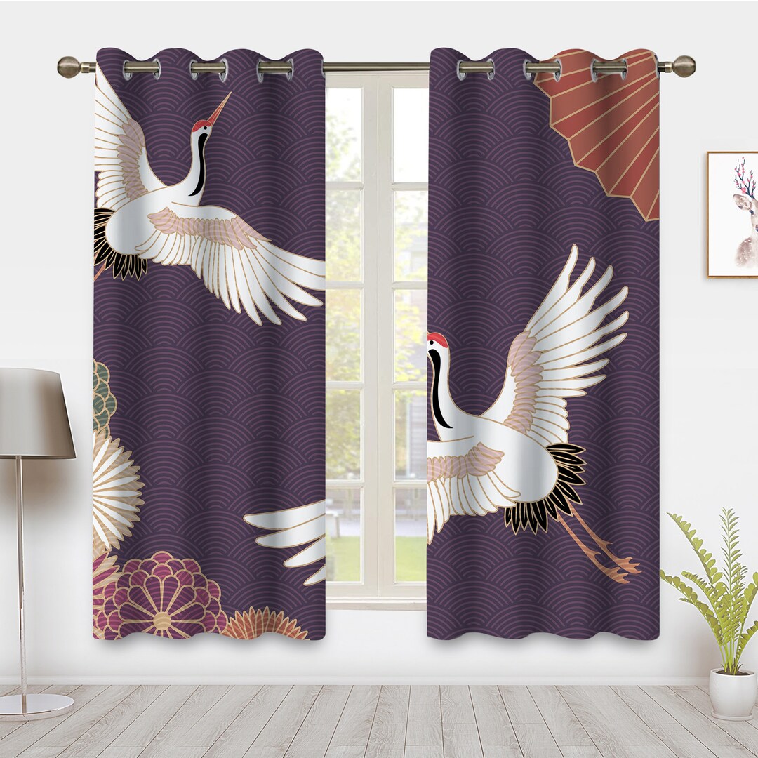 Japanese Style Crane Curtain, Japan Art Crane Window Drapes for Bedroom ...