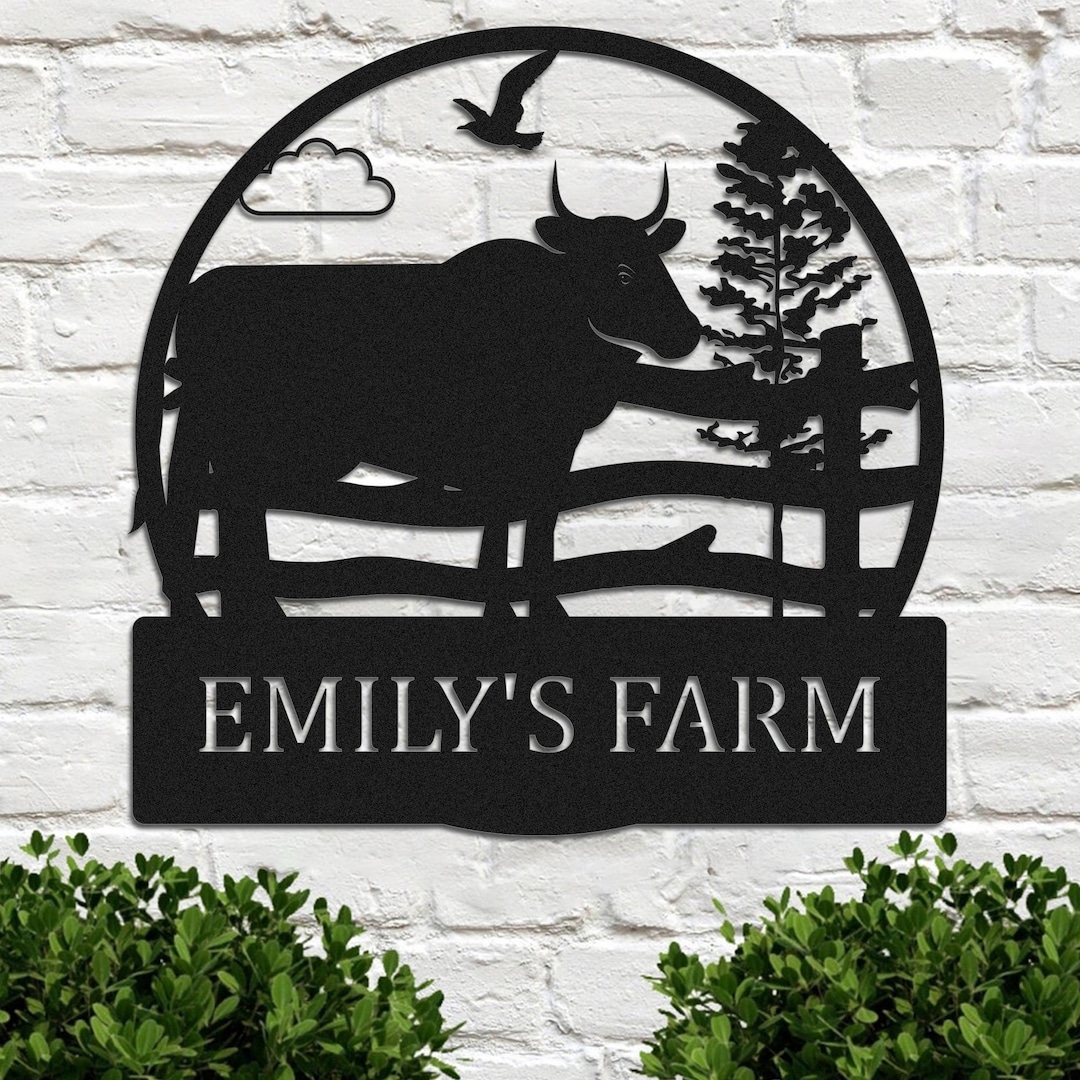 Custom Metal Cow Farm Sign, Personalized Farmhouse Name Metal Sign ...