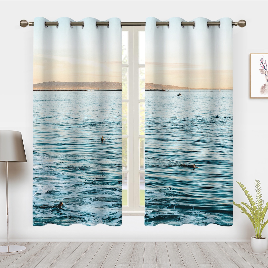 Beach Ocean Landscape Art Curtains, Modern Minimalist Window Curtains ...