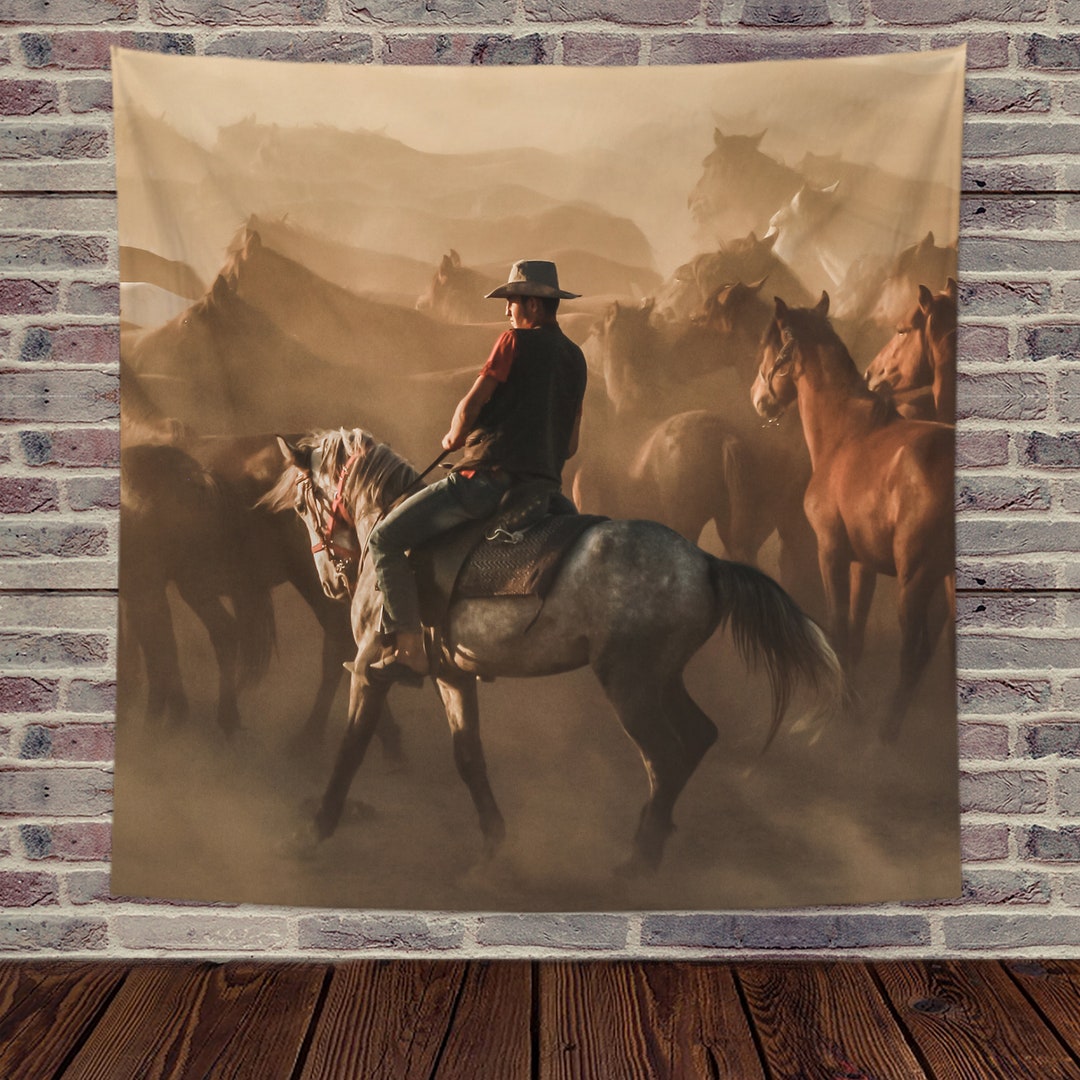 Western Cowboy Tapestry American Farmhouse Country Cowboy Riding Wild ...