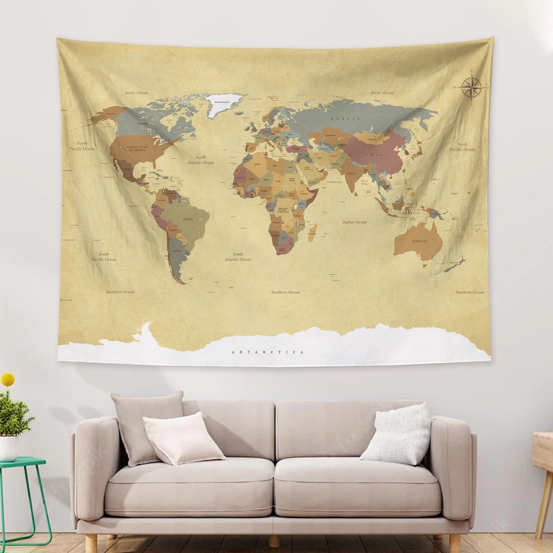 Vintage World Map Tapestry Retro Color Shabby Chic Earth World Wall ...