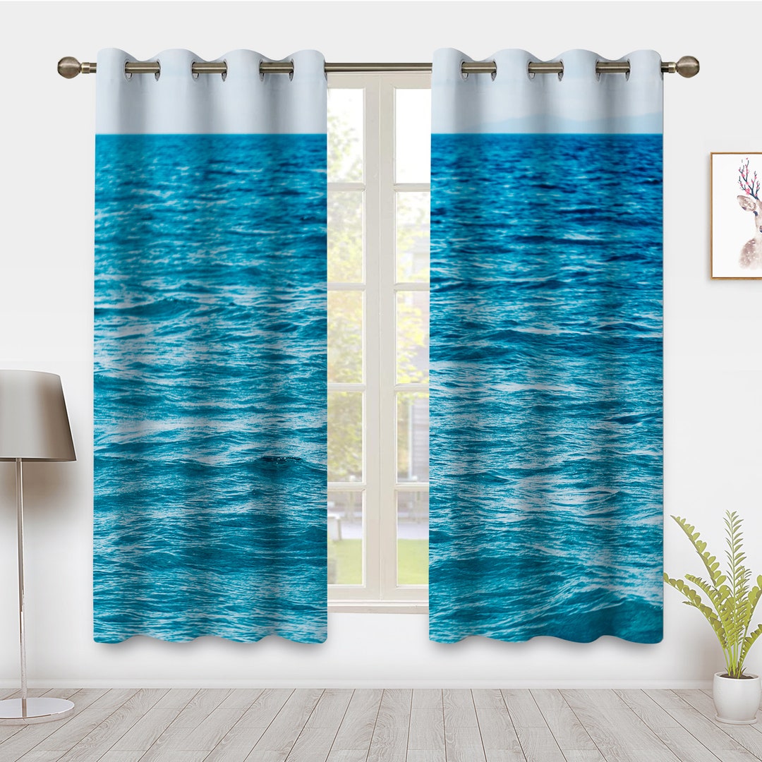 Blue Ocean Theme Kitchen Curtains, Blue Sea Waves Patterns Drapes for ...