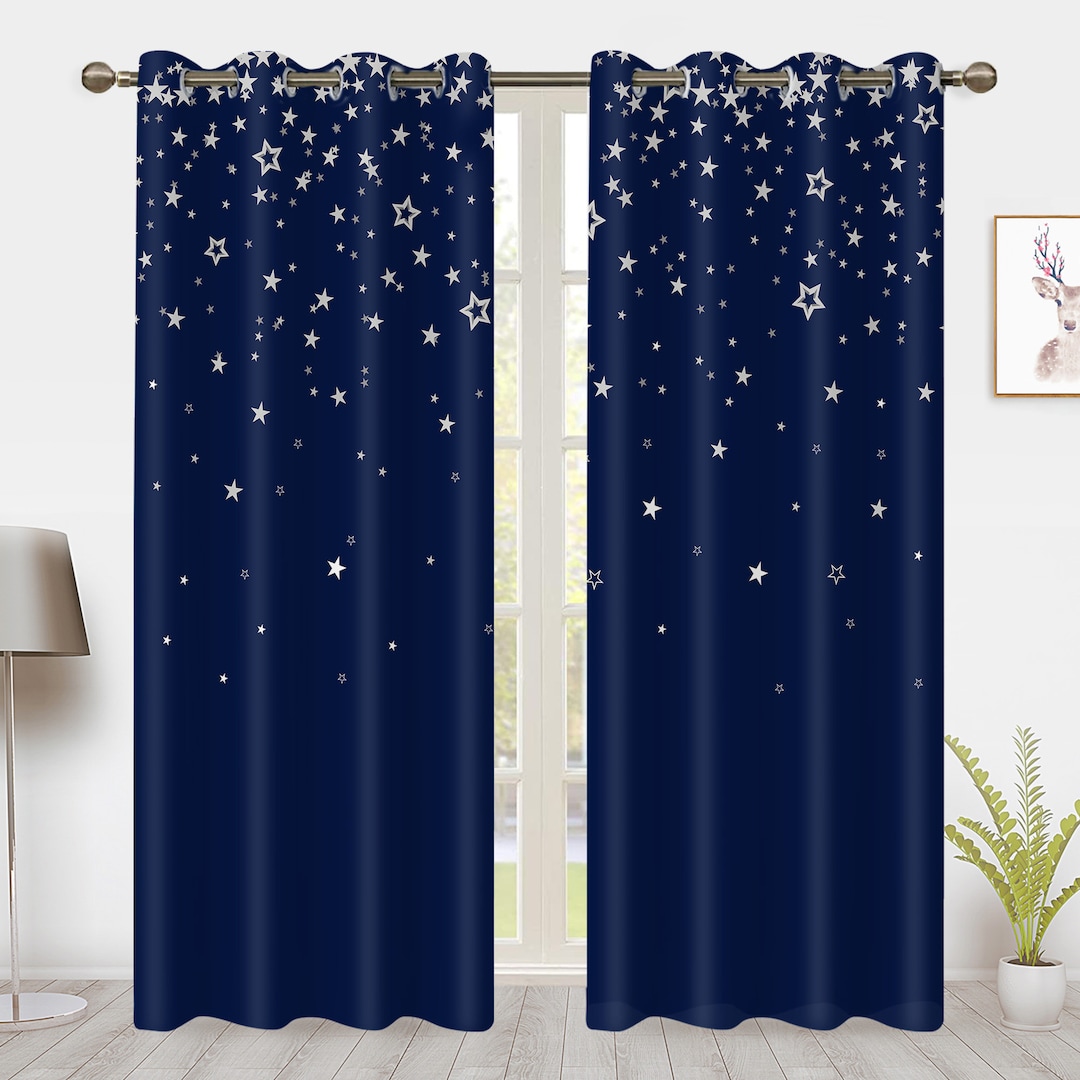 Navy Blue Window Curtains, Modern Minimalistic Shining Star Window ...