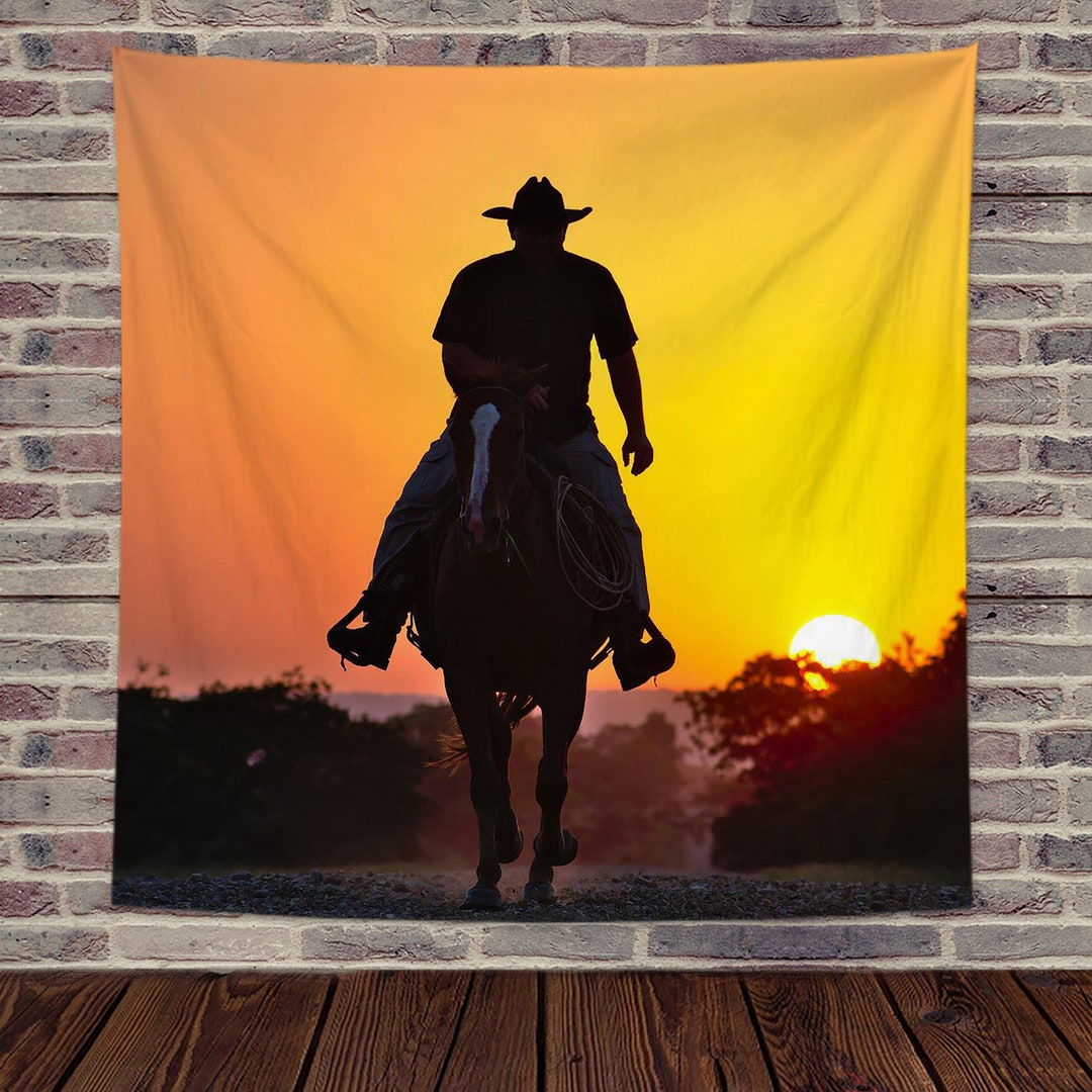 Wild Western Cowboys Theme Tapestry Yellow Sunset Horse Tapestry Modern ...
