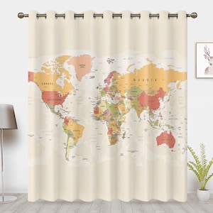 World Map Curtains Nation and City Travel World Map in Retro Colors ...