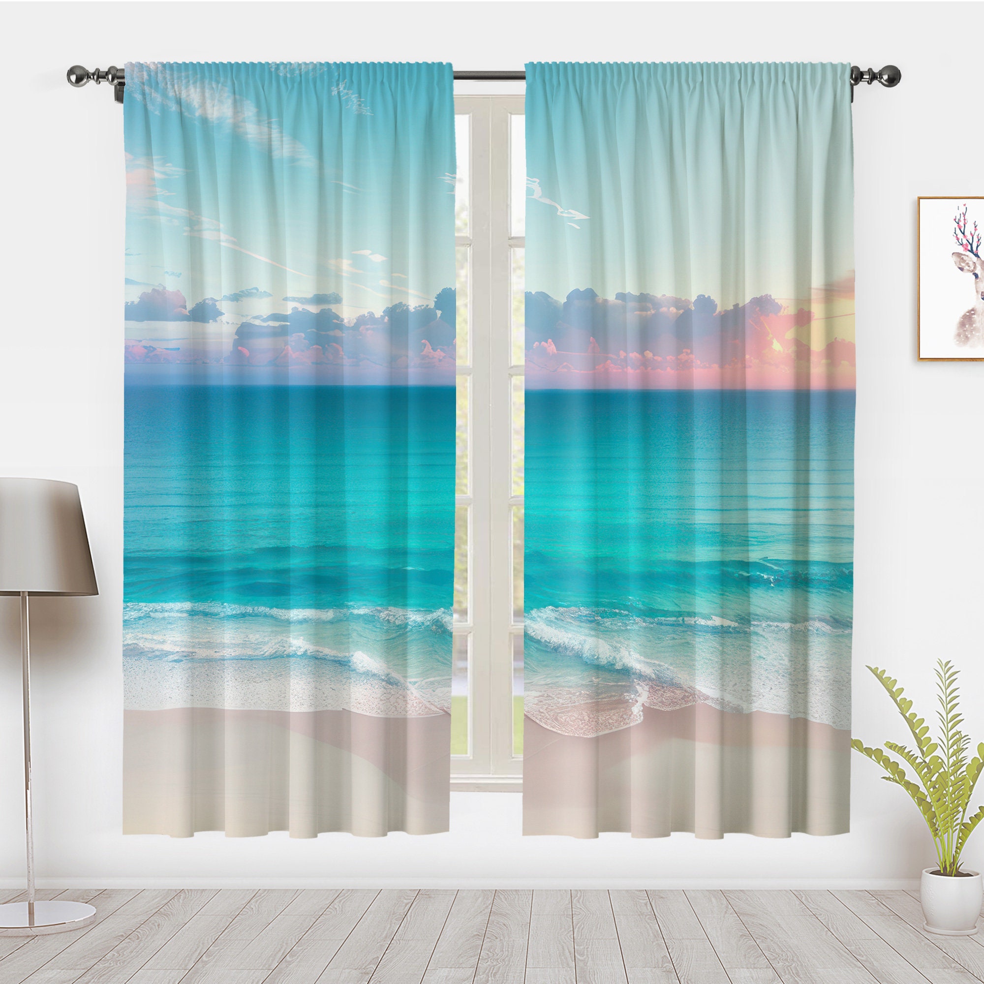 Modern Minimalist Art Curtains, Summer Beach Sunset Landscape Window ...