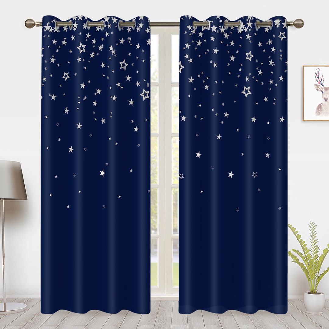 Navy Blue Gradient Window Curtains Modern Minimalistic Shiny Star ...