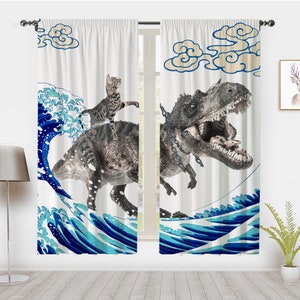 The Great Wave off Kanagawa Window Curtains, Cat Riding Dinosaur Window ...