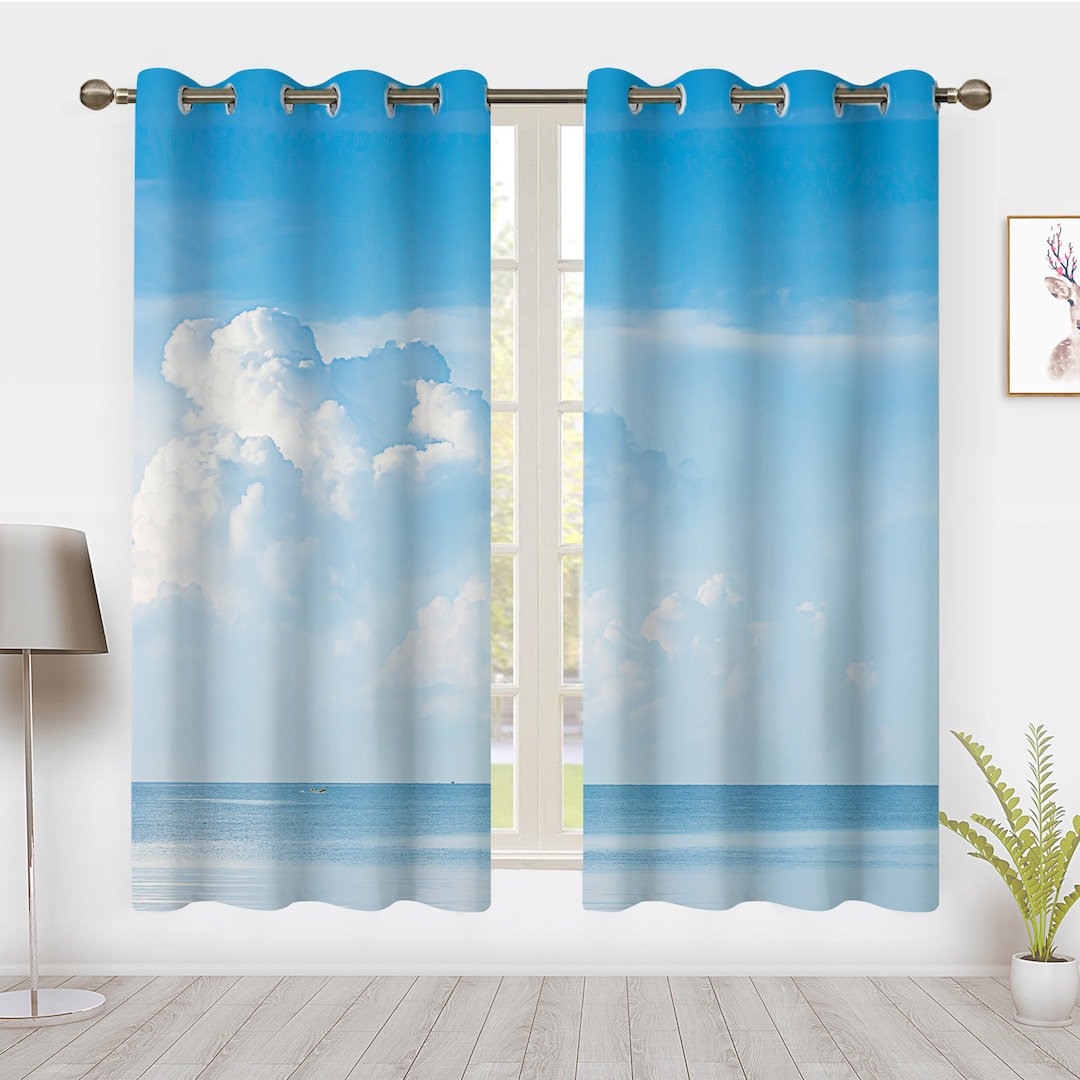 Clear Blue Sky With White Clouds Art Curtains Modern Minimalist Ocean ...