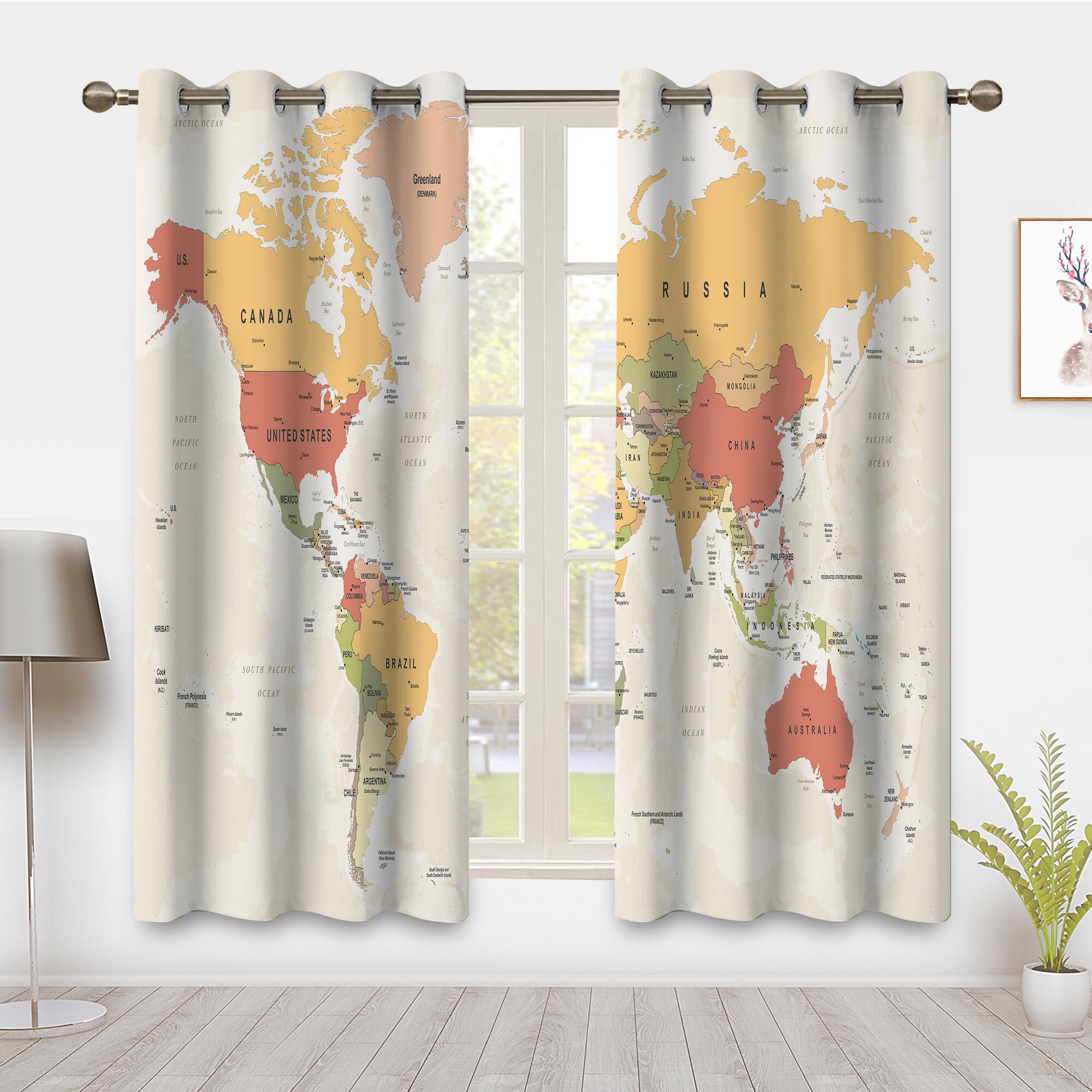 World Map Curtains Nation and City Travel World Map in Retro - Etsy