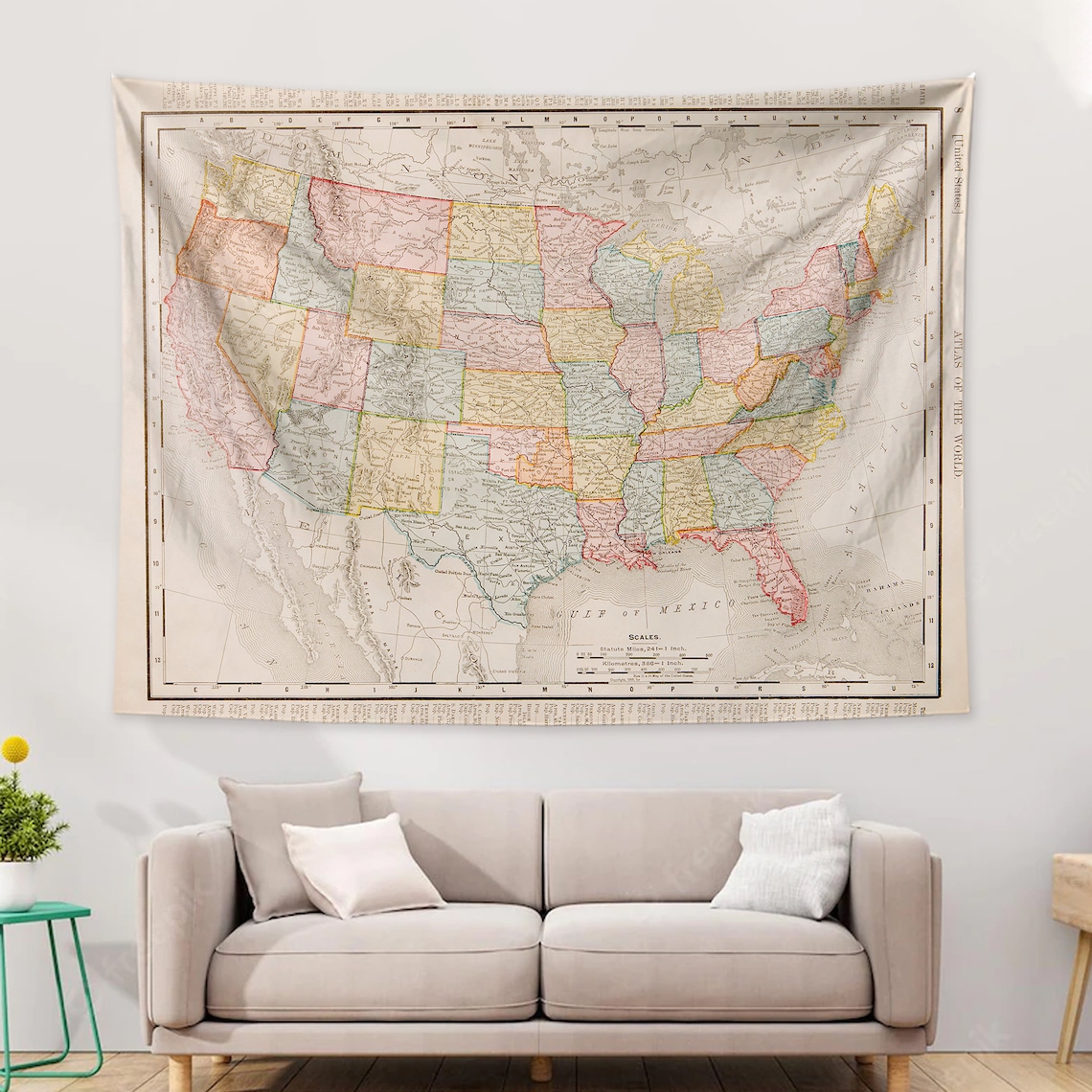 United States Vintage Map Tapestry USA High Detailed Map With Labeling ...
