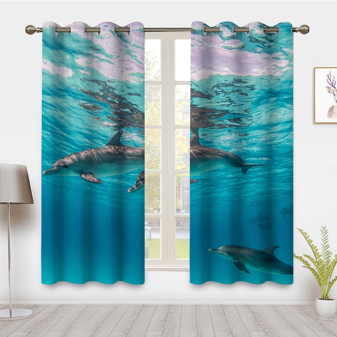 Blue Underwater World Window Curtains, Dolphin Swimming Ocean Window ...