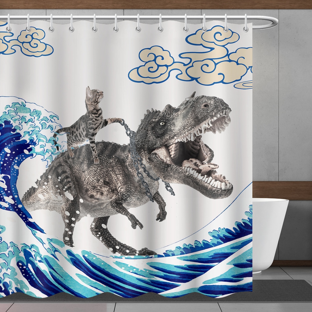Cat Riding Dinosaur Funny Shower Curtains Modern the Waves Bathroom ...