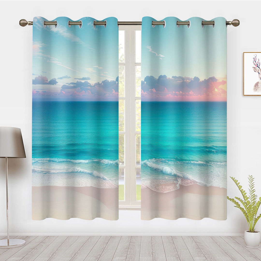 Modern Minimalist Art Curtains, Summer Beach Sunset Landscape Window ...