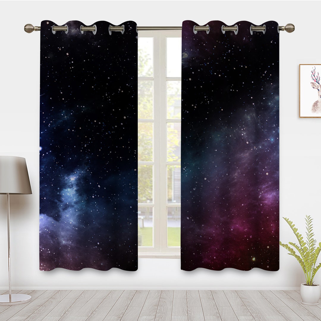 Blue Starry Sky Curtains, Universe Galaxy Outer Space Nebula Window ...