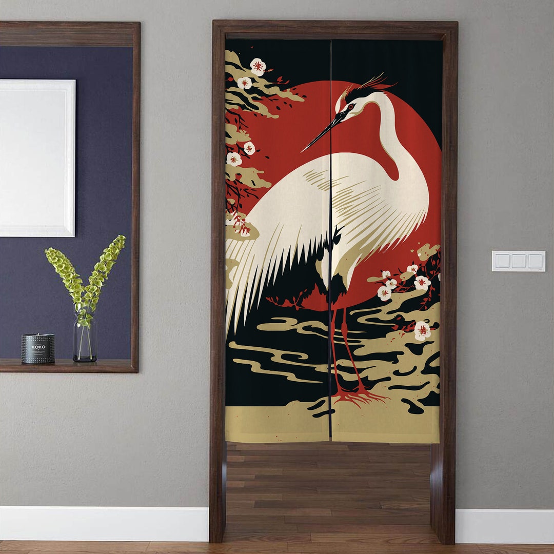 Japanese Art Style Noren Door Curtains, Vintage Sunset Crane Doorway ...