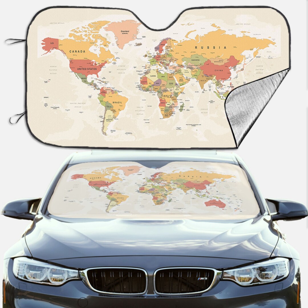 Car Windshield Sun Shade, World Map Block UV Ray Sun Visor Protector ...