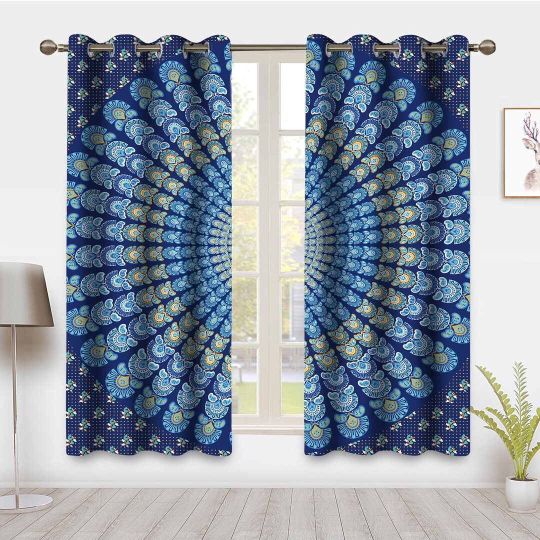 Indian Blue Peacock Feather Mandala Window Curtain Boho Hippie ...