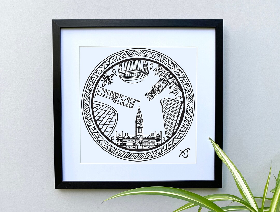 Manchester CityScape Mandala illustration, UK City Skyline Design, Bee ...