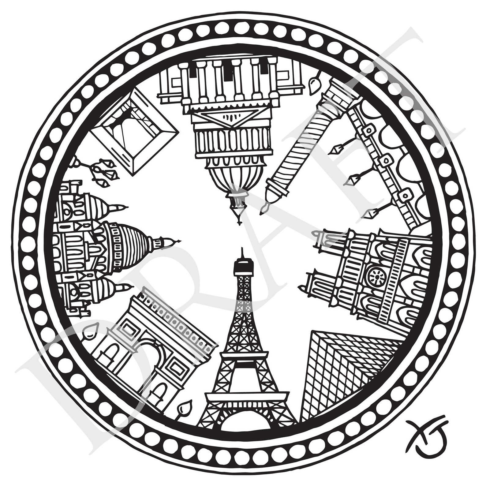 Paris Circle Mandala Hand-drawn City Skyline Design France - Etsy