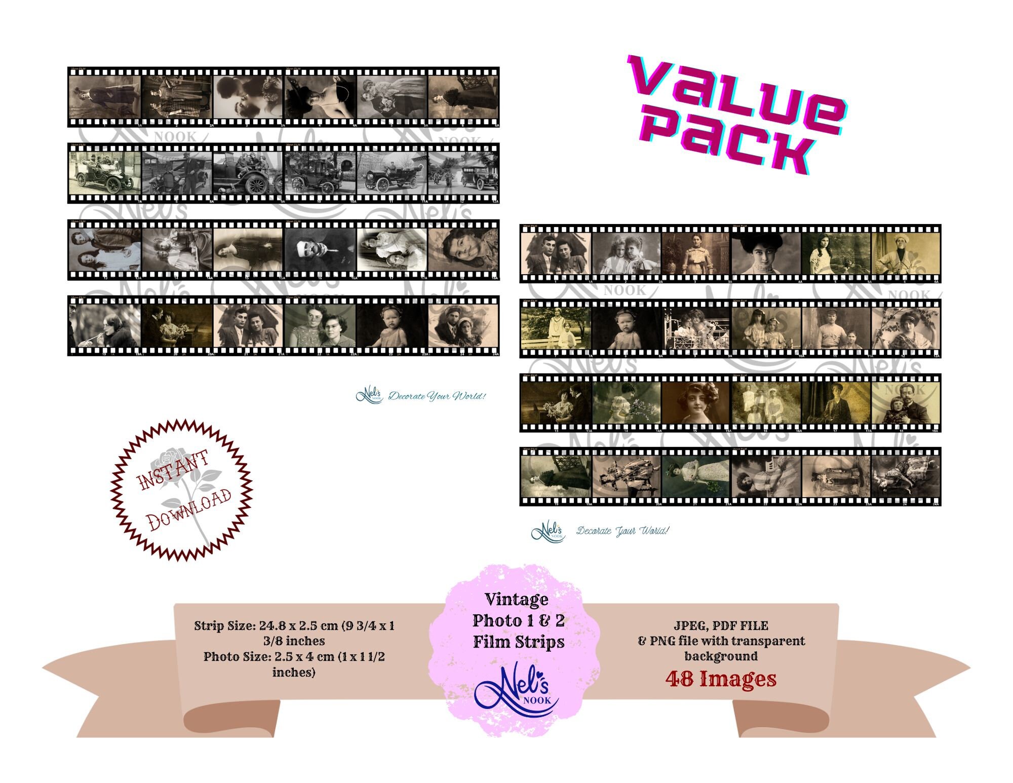 VINTAGE 1 & 2 Photo Film Strips Package/printable Film Strips - Etsy