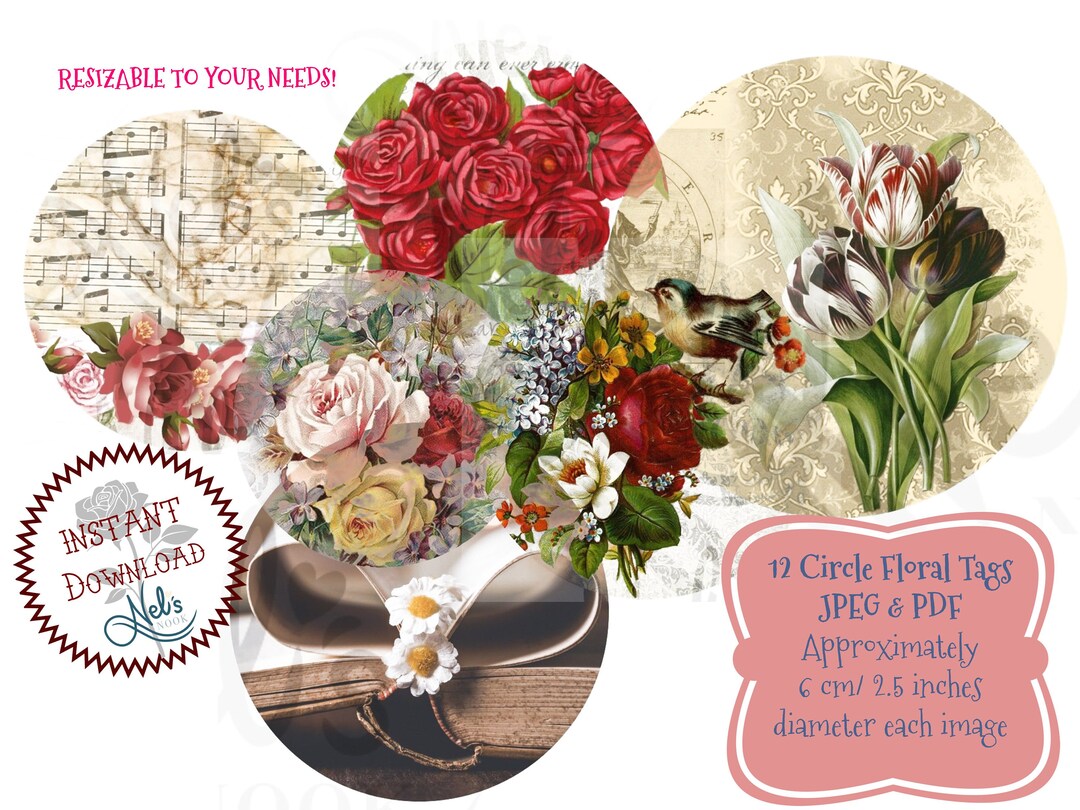 2.5 Inch Circles/ Flower Circle Tags, Digital Tags, Printables ...