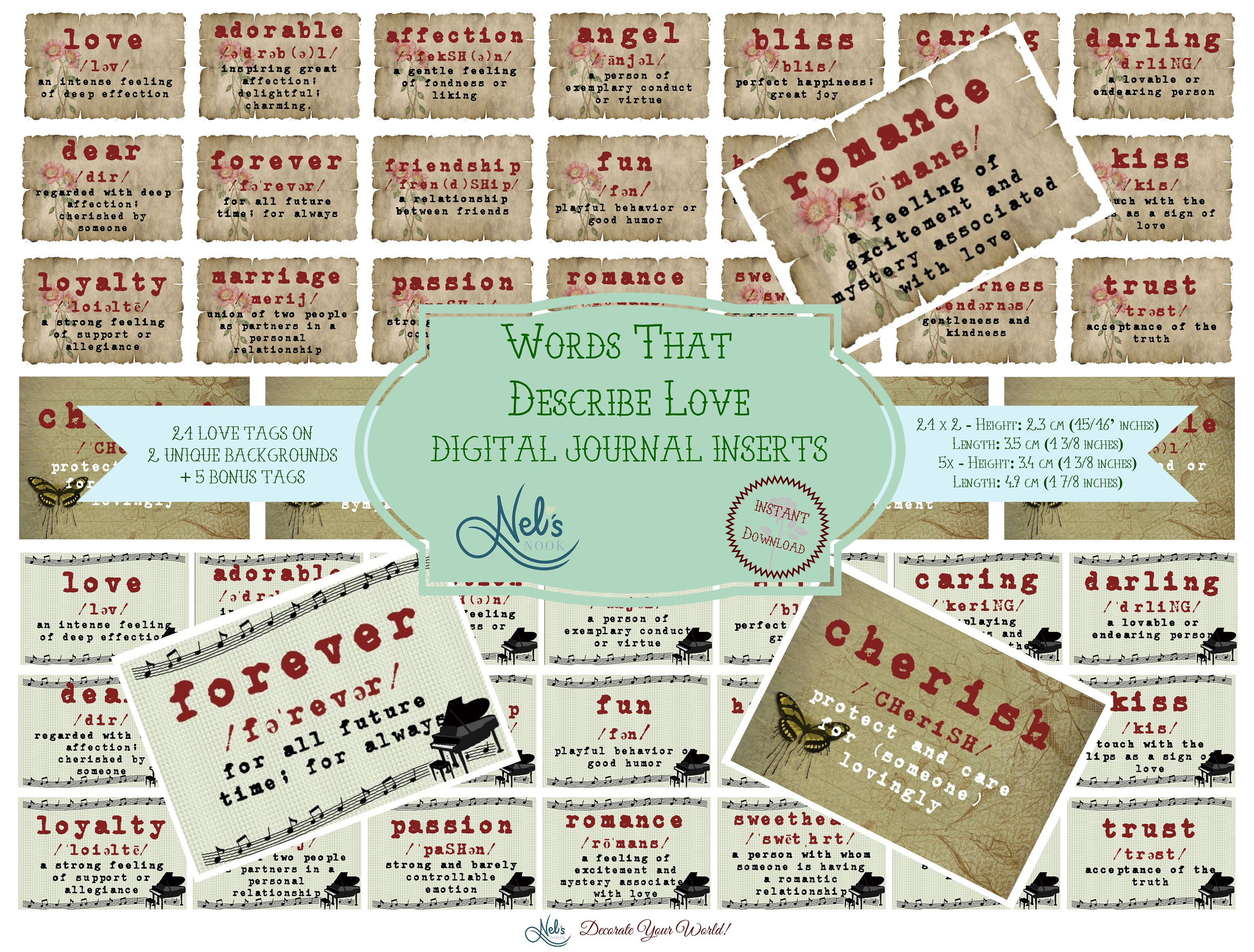 Words That Describe Love/printable, Digital Tags, Ephemera, Journal ...