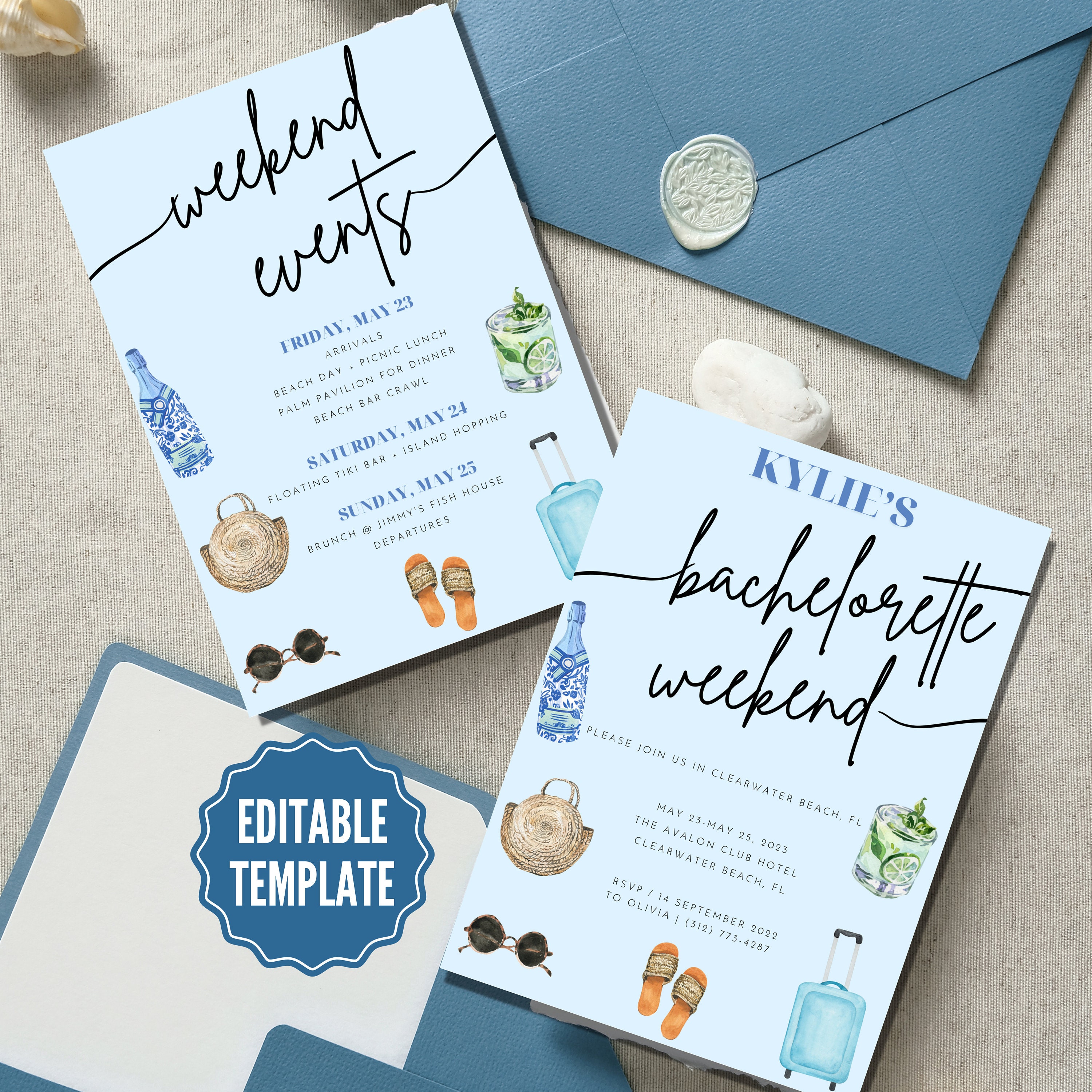 Hamptons Bachelorette Party Invitation, Blue Beach Bachelorette Invite ...