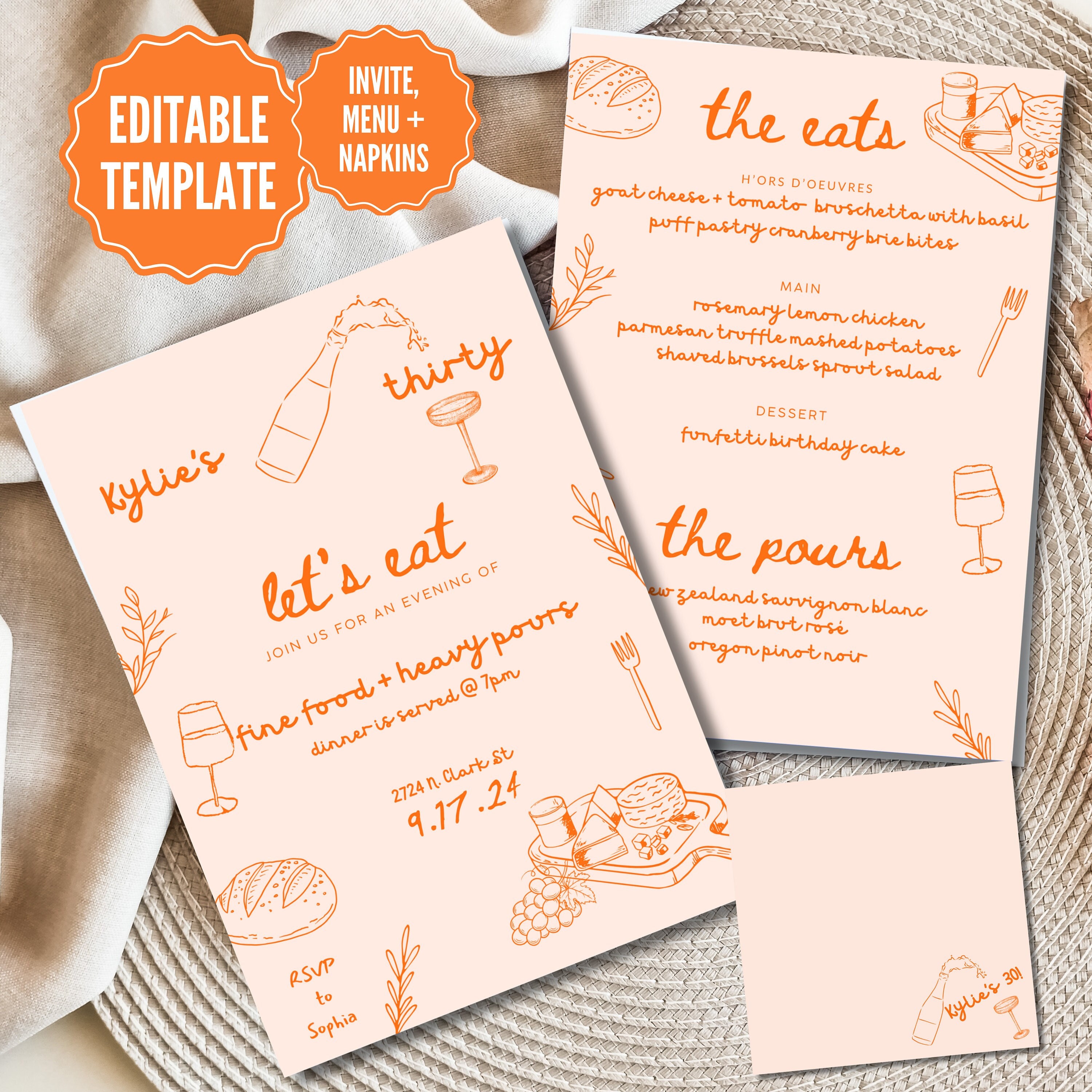 Handwriting Dinner Party Invite & Matching Menu Cocktail Napkin Set ...