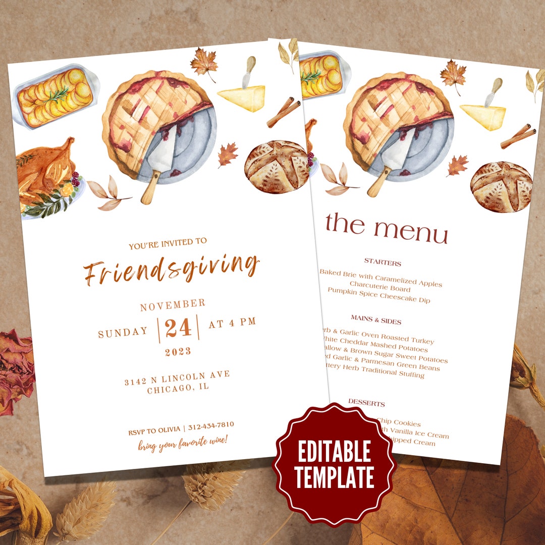 Friendsgiving Potluck Invite + Menu, Thanksgiving Dinner Invite Kit ...