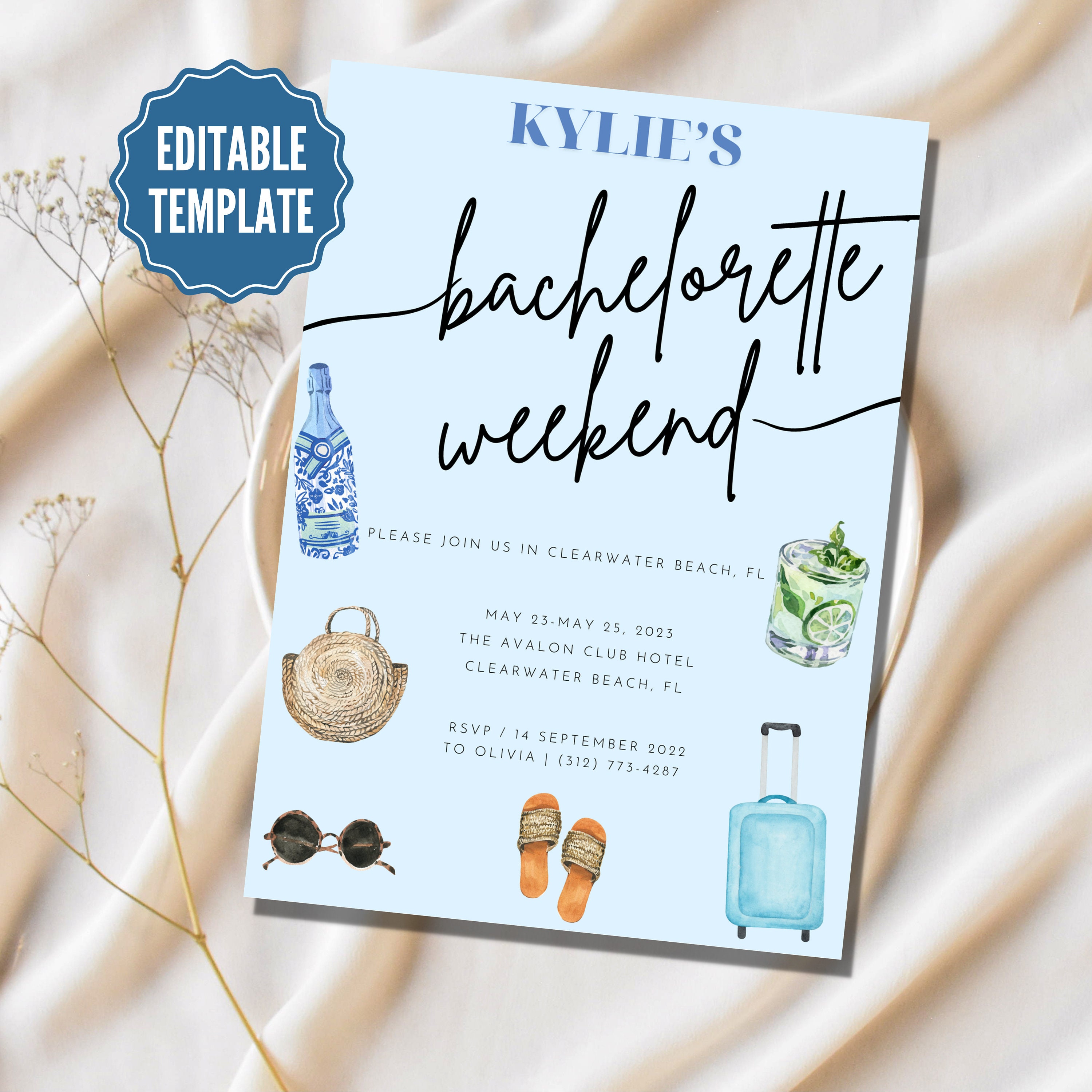 Hamptons Bachelorette Party Invitation, Blue Beach Bachelorette Invite ...