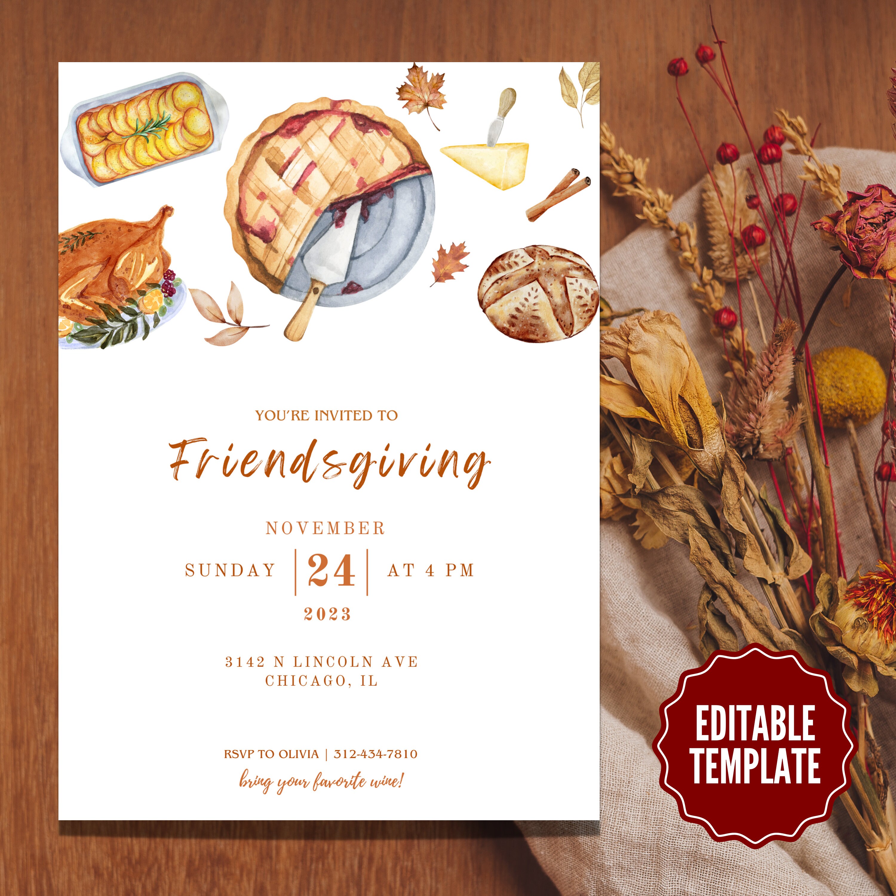 Friendsgiving Potluck Invite + Menu, Thanksgiving Dinner Invite Kit ...