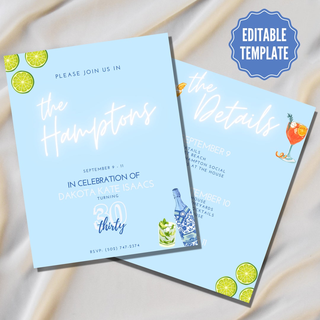 Neon Hamptons Blue & White Birthday Invite, 30th Birthday, Dirty Thirty ...