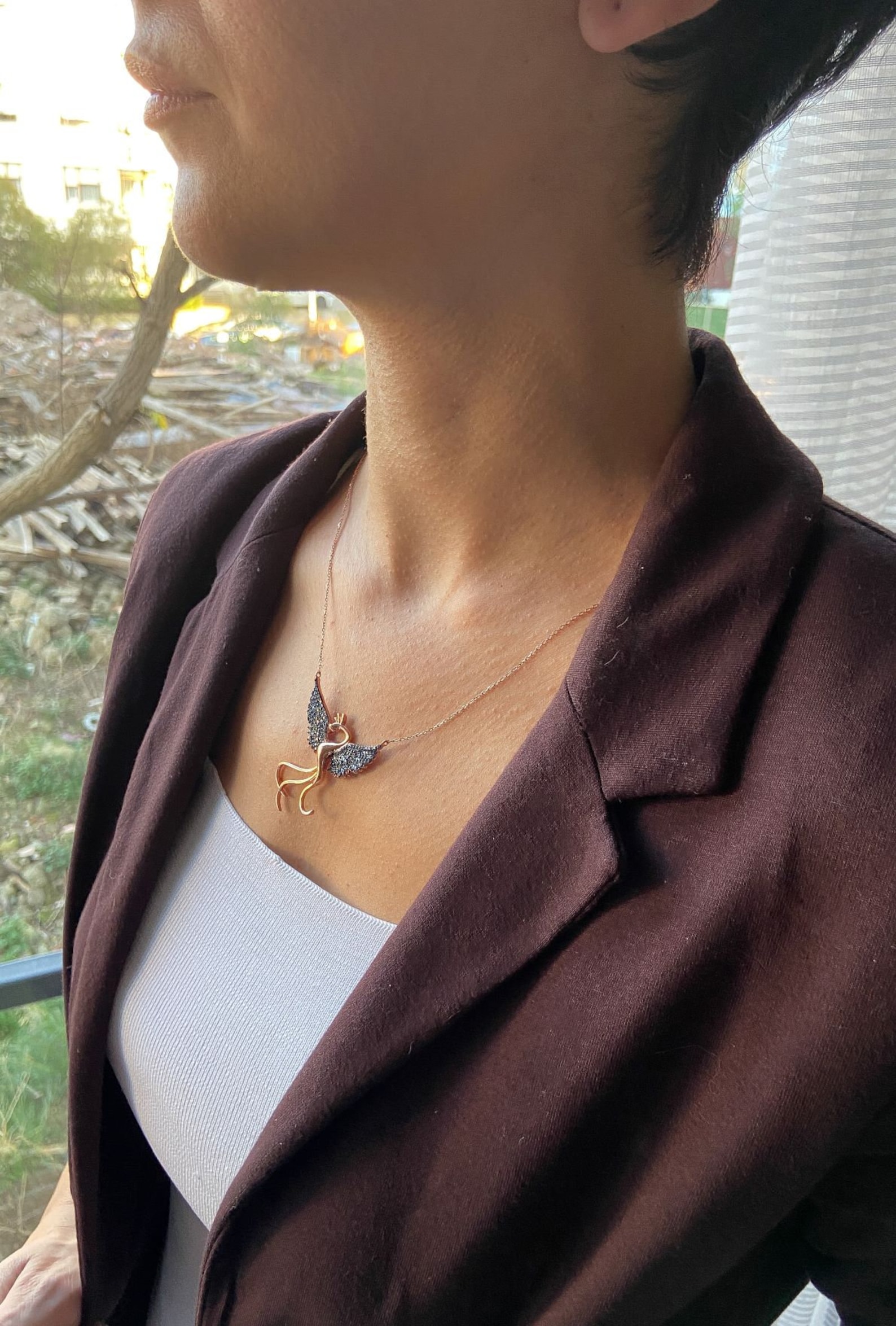 Blue Phoenix Handmade Necklace, Bird Jewelry Rose Gold Firebird Pendant ...