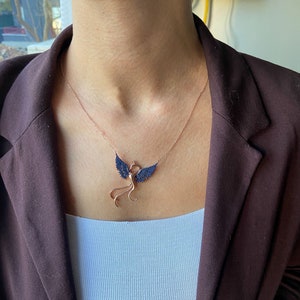 Blue Phoenix Handmade Necklace, Bird Jewelry Rose Gold Firebird Pendant ...