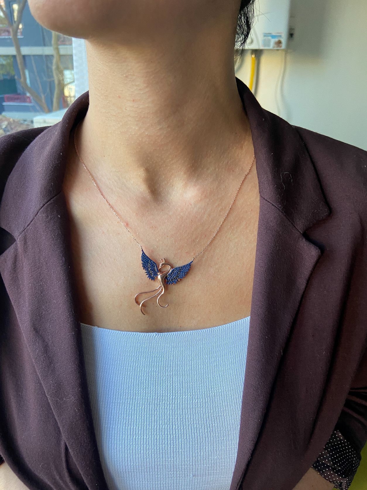 Blue Phoenix Handmade Necklace, Bird Jewelry Rose Gold Firebird Pendant ...