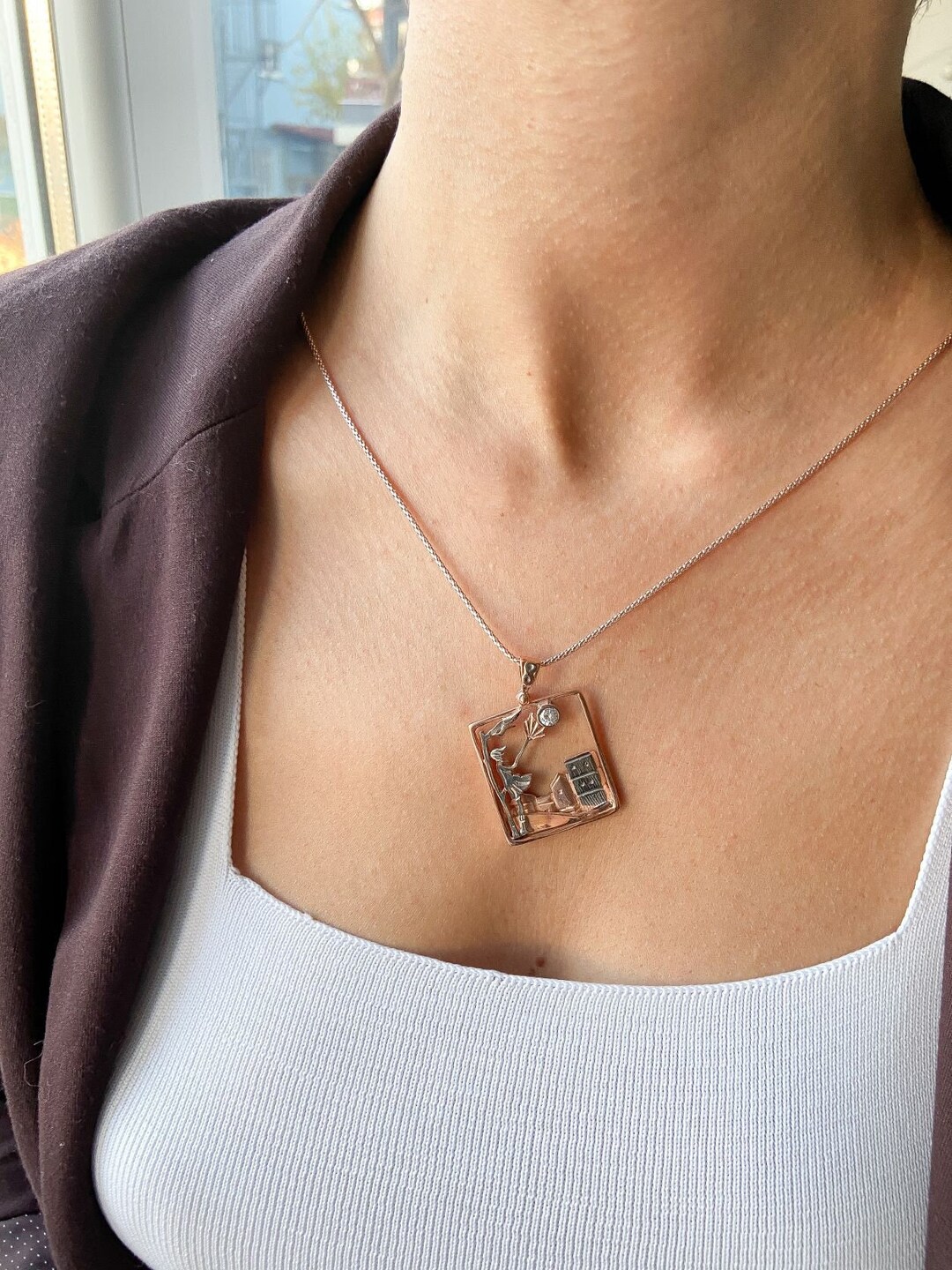 Windy Weather Rose Gold 3-D Necklace, Girl and Stormy City Holding ...