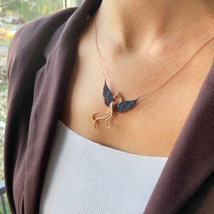 Blue Phoenix Handmade Necklace, Bird Jewelry Rose Gold Firebird Pendant ...