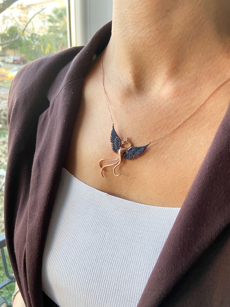 Blue Phoenix Handmade Necklace, Bird Jewelry Rose Gold Firebird Pendant ...