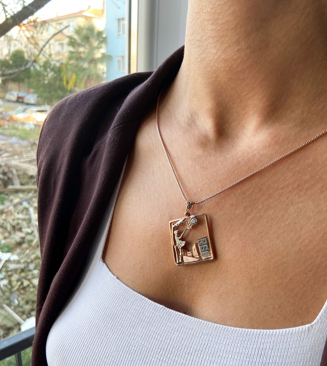 Windy Weather Rose Gold 3-D Necklace Girl and Stormy City - Etsy