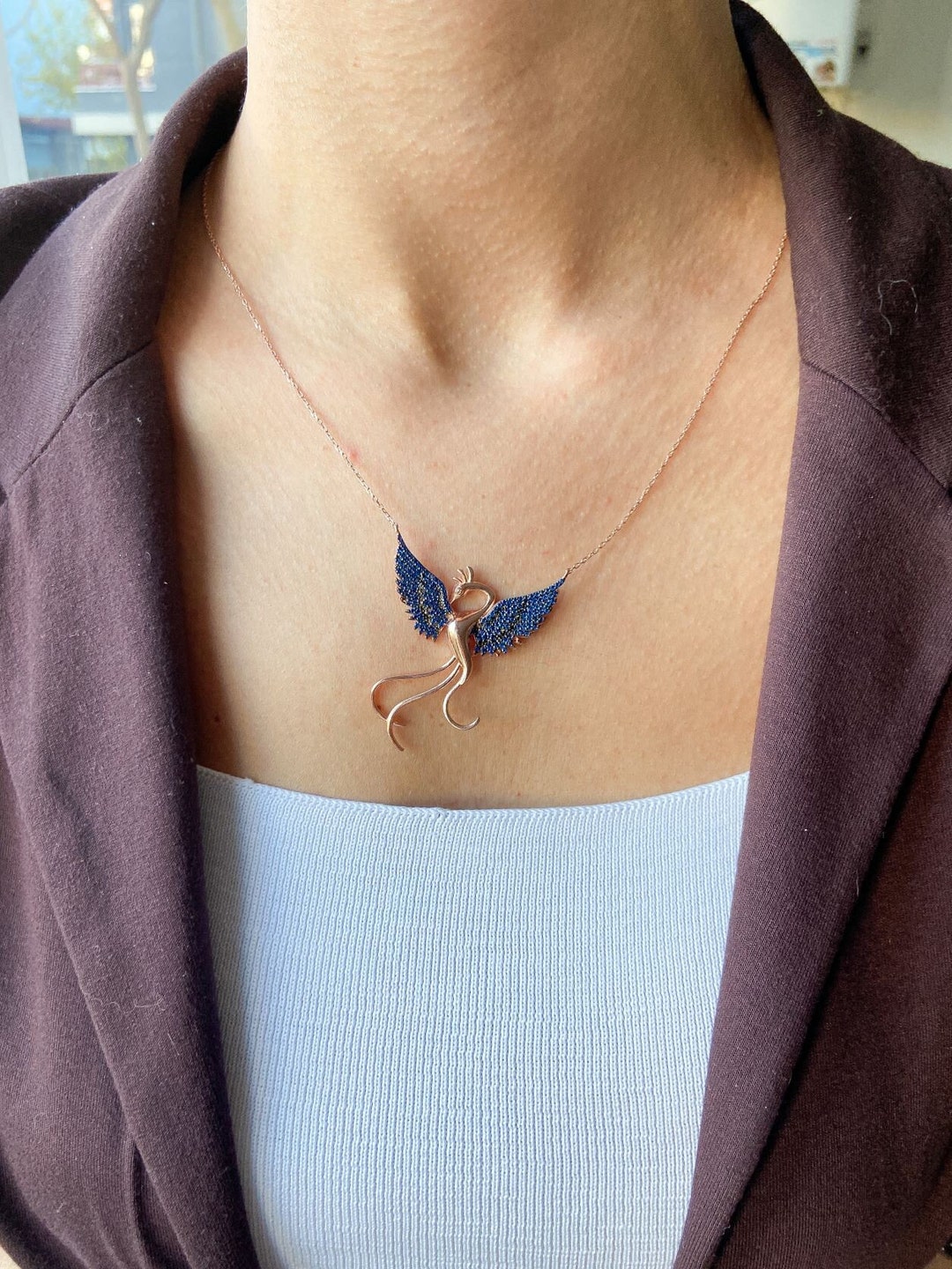Blue Phoenix Handmade Necklace, Bird Jewelry Rose Gold Firebird Pendant ...