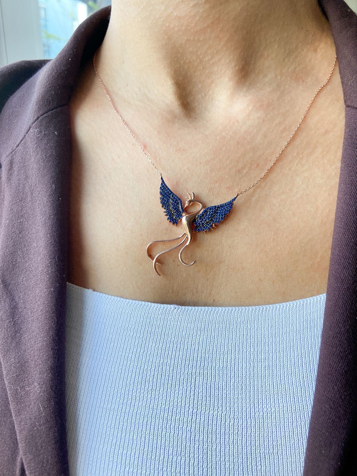 Blue Phoenix Handmade Necklace, Bird Jewelry Rose Gold Firebird Pendant ...
