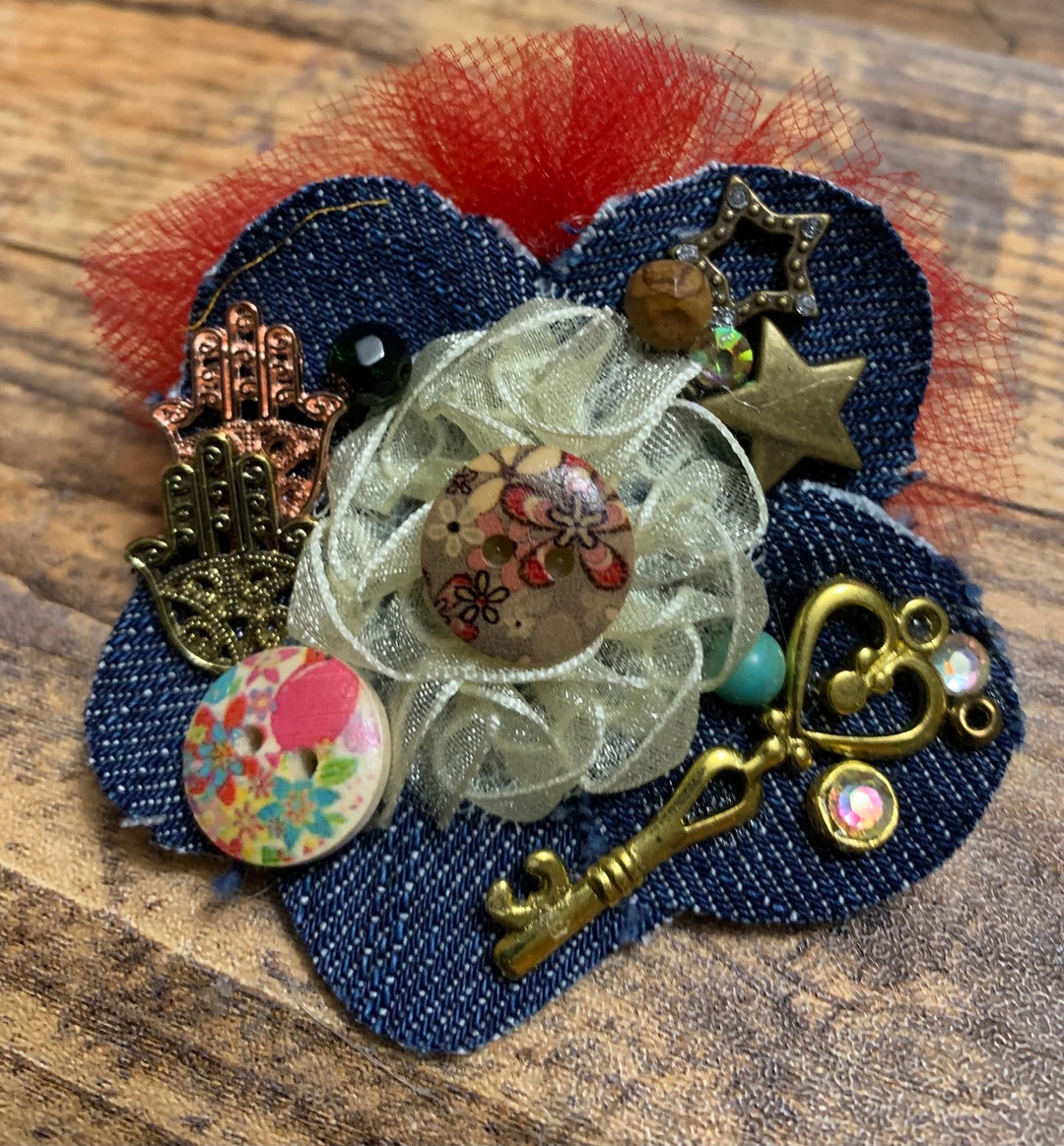 Denim Rosette Floral Brooch - Etsy