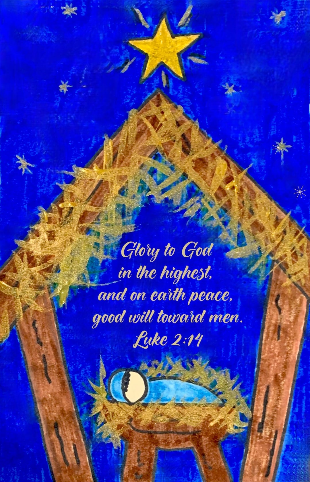 Bright Blue Nativity Scene Baby Jesus Giclee Matte Print 8x10 Unframed ...