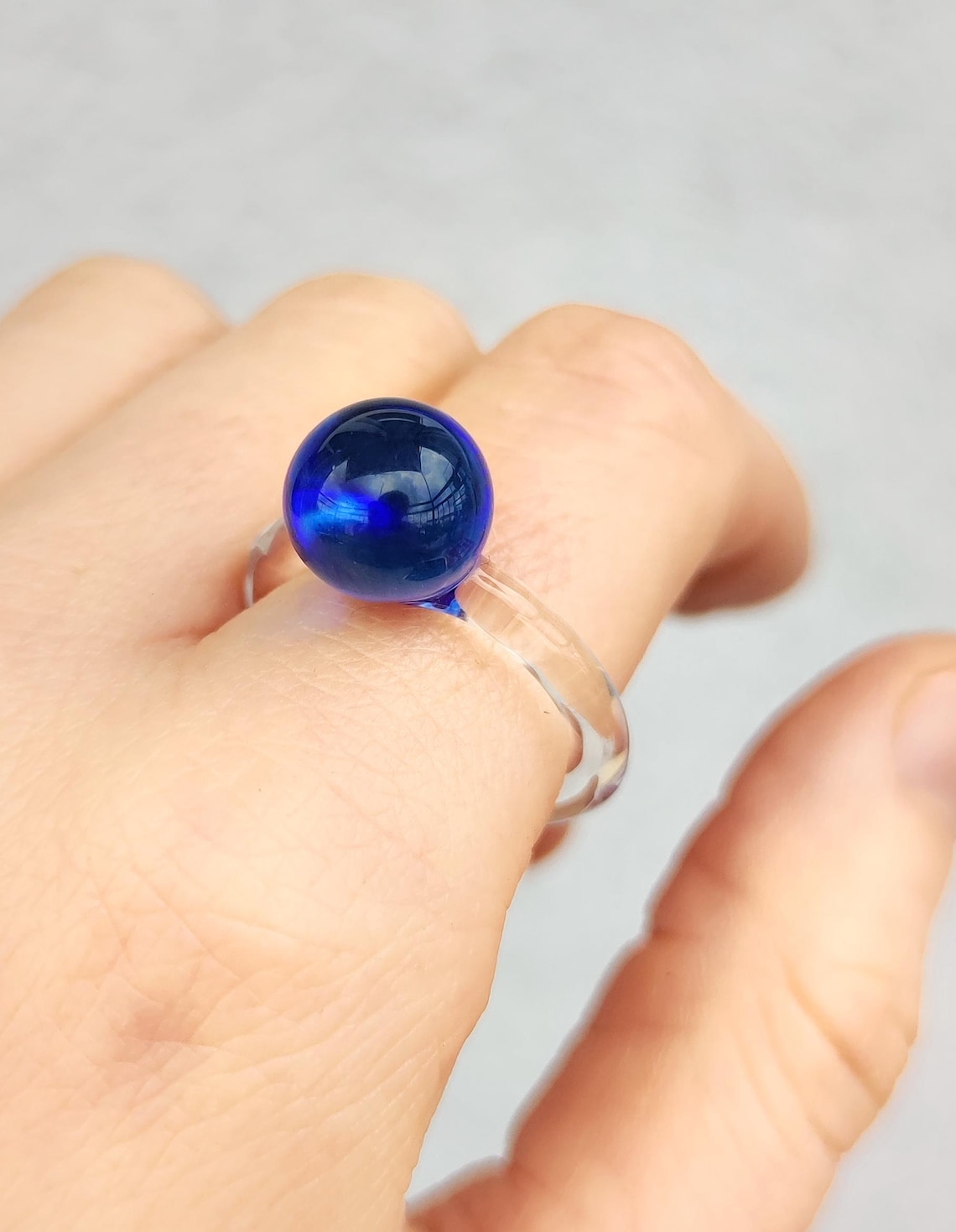 Unique glass ring with big blue ball, minimalist and simple, elegant ...
