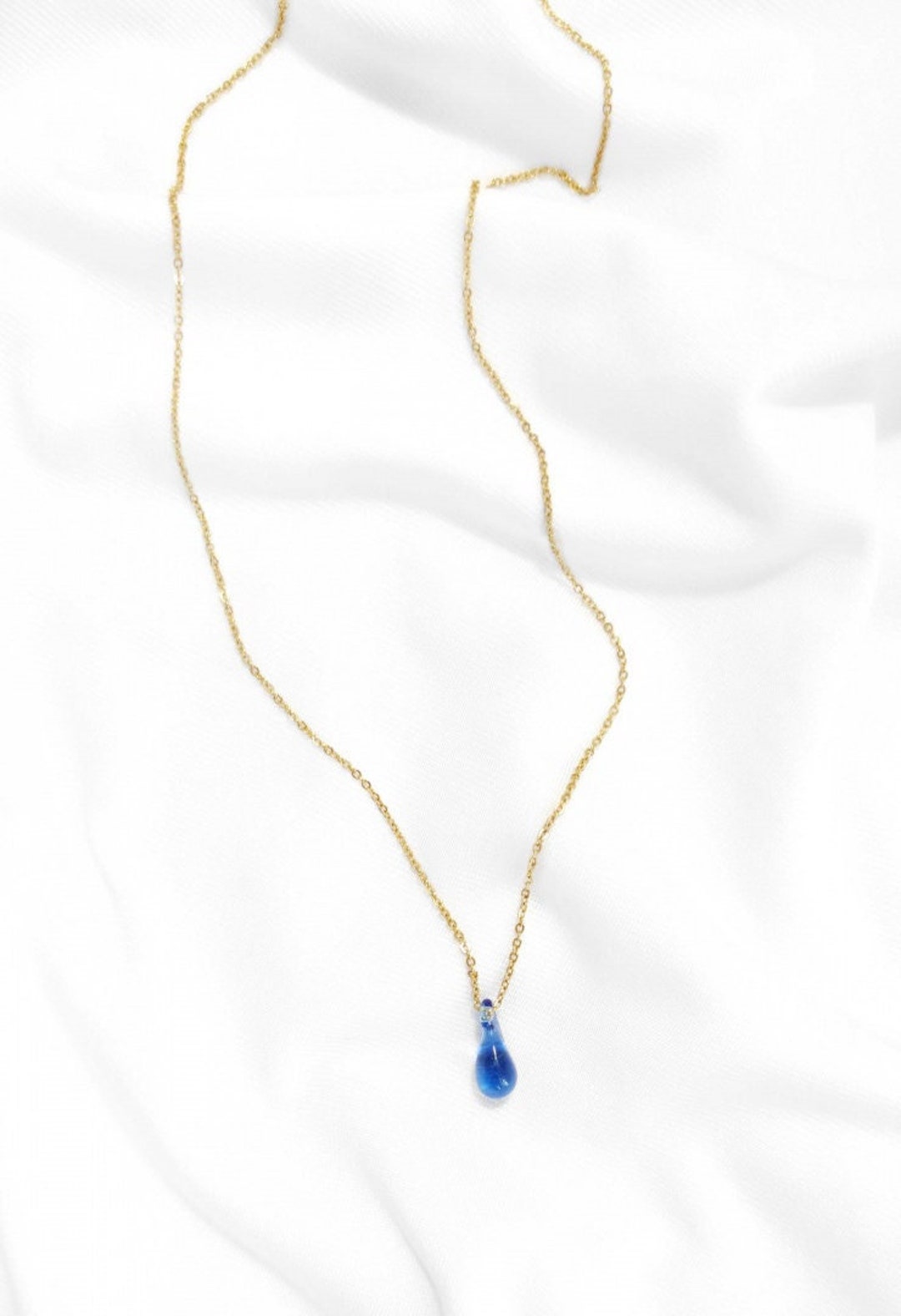 Dainty Blue Floral Necklace, Blue Galss Drop Pendant, Mermaid Necklace ...